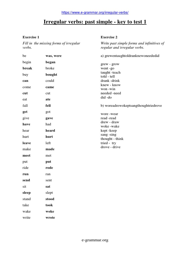 Irregular Verbs: Past Simple - Key To Test 1: Exercise 1 Exercise 2 | PDF