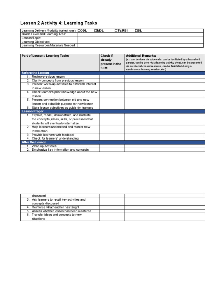 Lesson 2 Activity 4 Learning Tasks | PDF