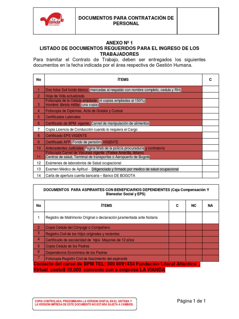 Listado de Documentos para Contratacion 1 | PDF