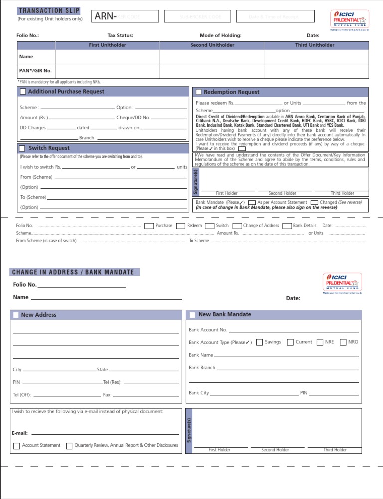 ICICI MF Update Details Form | Cheque | Banks