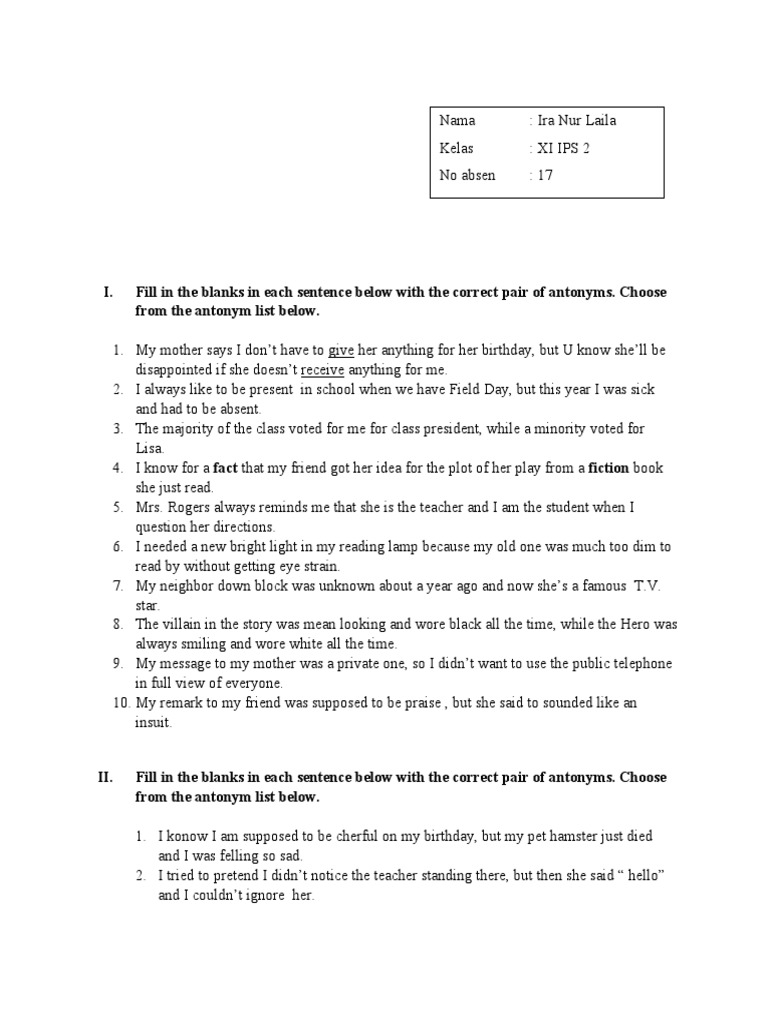 I. Fill in The Blanks in Each Sentence Below With The Correct Pair of ...