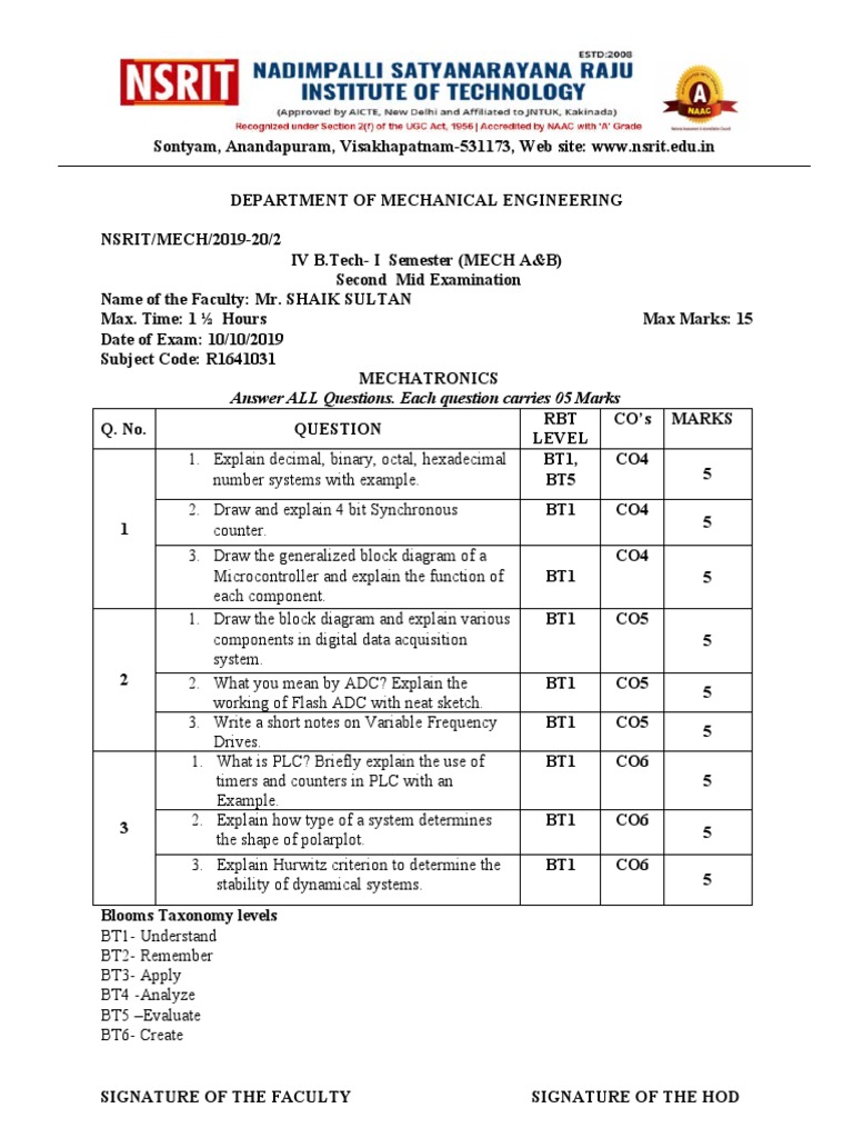 MECHATRONICS QUESTION PAPER 2nd MID | PDF