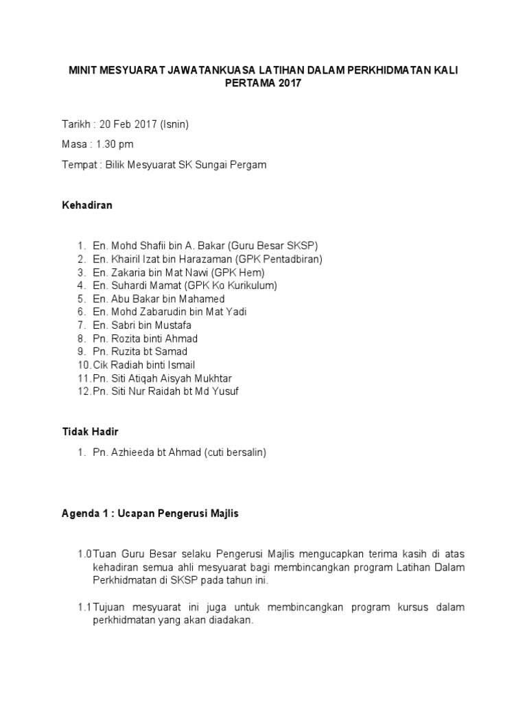 Minit Mesyuarat Jawatankuasa Latihan Dalam Perkhidmatan Kali Pertama 2017 | PDF