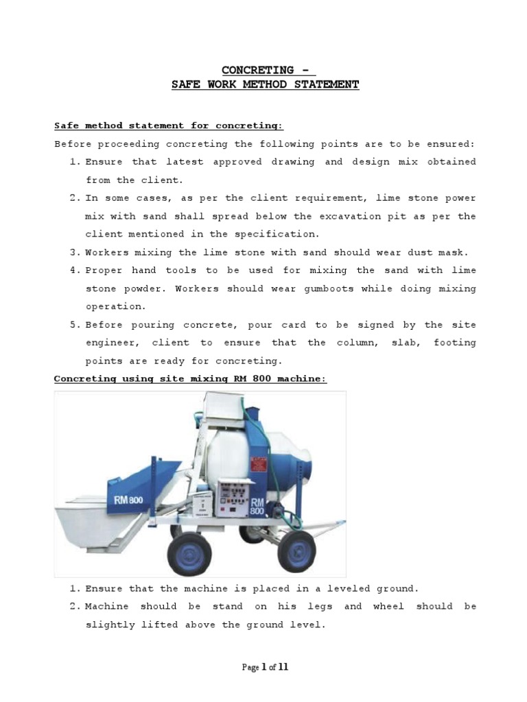 Concreting Safe Work Method Statement | PDF | Concrete | Pump
