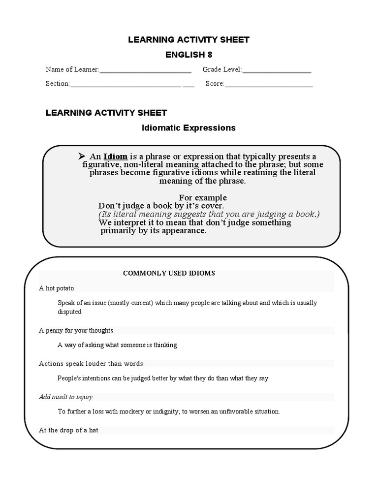 Idiomatic Expression Worksheet | PDF | Gambling | Idiom