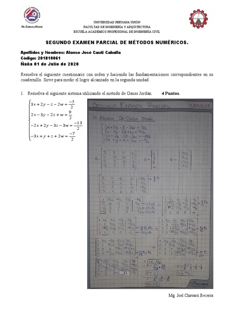 Examen Parcial Metodos Numericos 01 de Julio 2020 | PDF | Análisis numérico | Algoritmos y ...