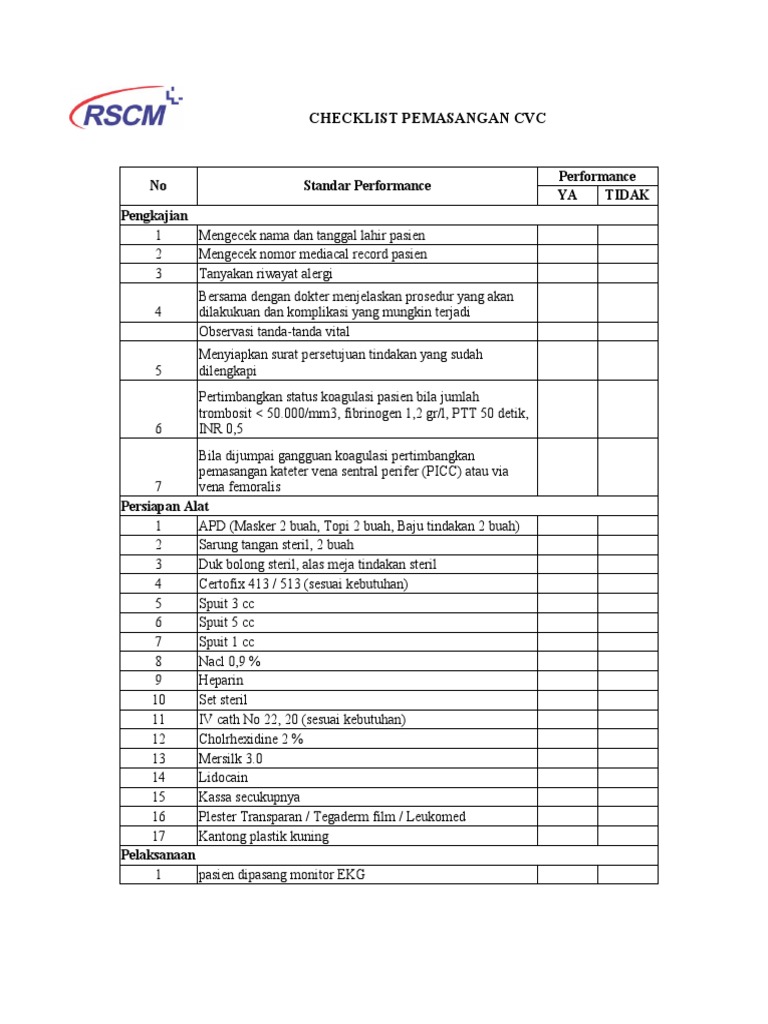 Checklist Pemasangan CVC untuk Pasien | PDF