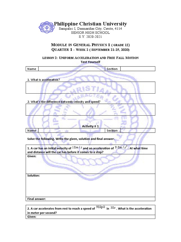 General Physics 1: Uniform Acceleration Module | PDF | Career & Growth ...