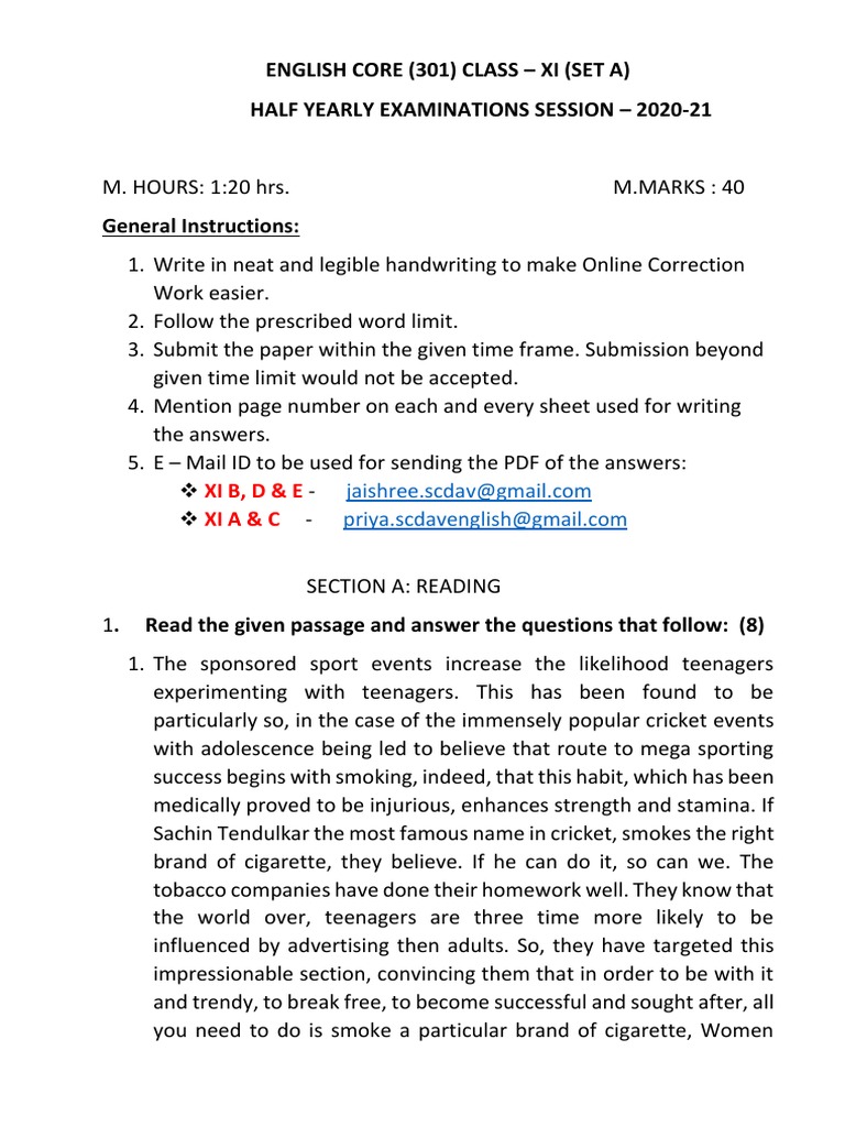 English Core (301) Class - Xi (Set A) Half Yearly Examinations Session ...