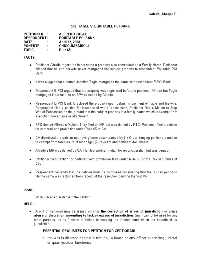 Tagle vs. Equitable Pci Bank | PDF | Certiorari | Judgment (Law)