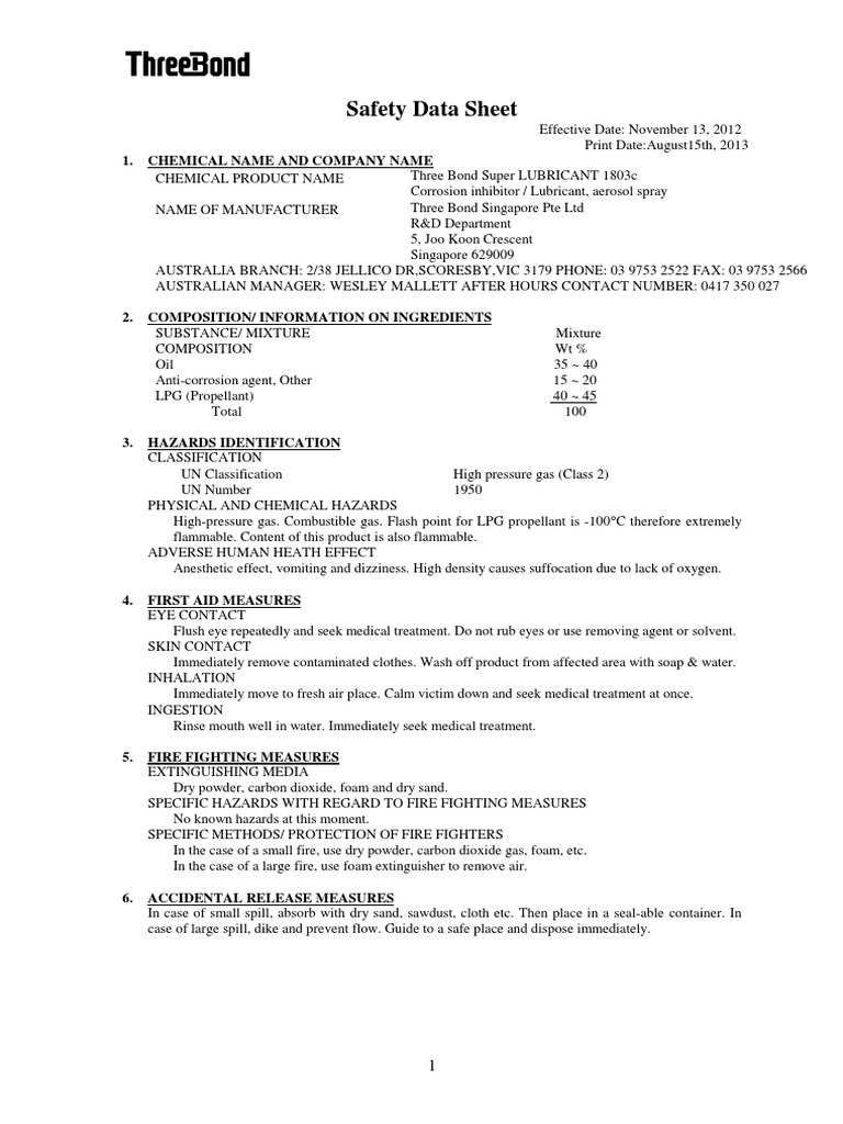 Threebond TB1803C Safety Data Sheet | PDF | Fires | Combustion