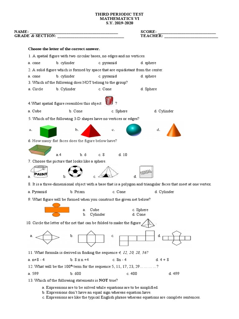 THIRD PERIODIC TEST IN MATHEMATICS WITH Tos | PDF | Area | Equations
