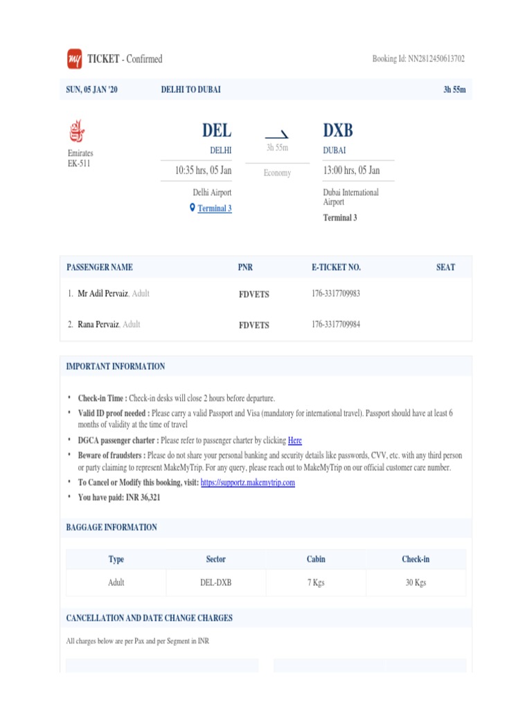 DEL DXB: TICKET - Confirmed | PDF | Aviation | Transport