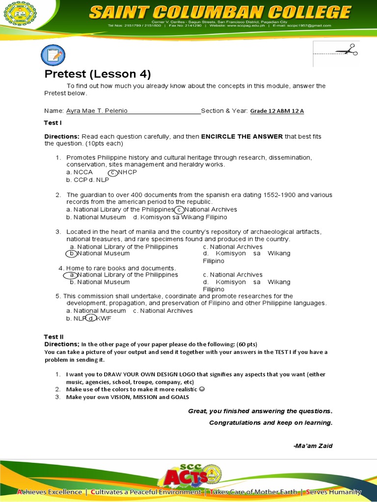 Pretest (Lesson 4) : Test I Directions: Read Each Question Carefully ...
