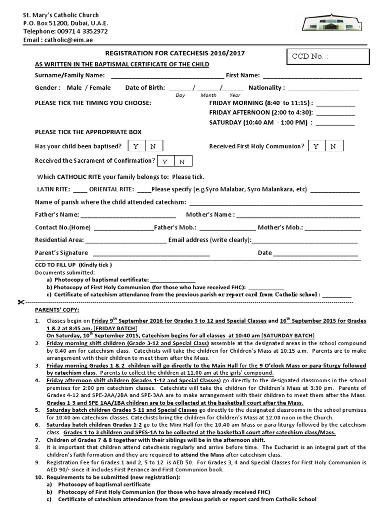 Registration For Catechesis | PDF | Catechism | Mass (Liturgy)