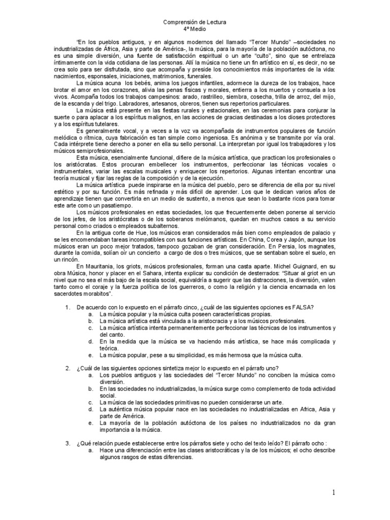 Comprensión de Lectura 31 (Música) | PDF | Autor | Musica Popular