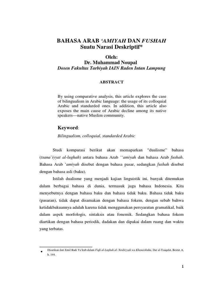 BAHASA ARAB AMIYAH DAN FUSHAH Suatu Narasi Deskriptif | PDF