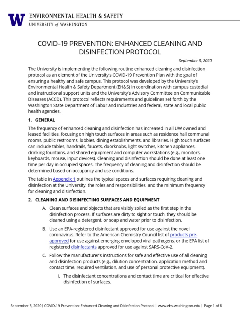 Covid-19 Prevention: Enhanced Cleaning and Disinfection Protocol | PDF ...