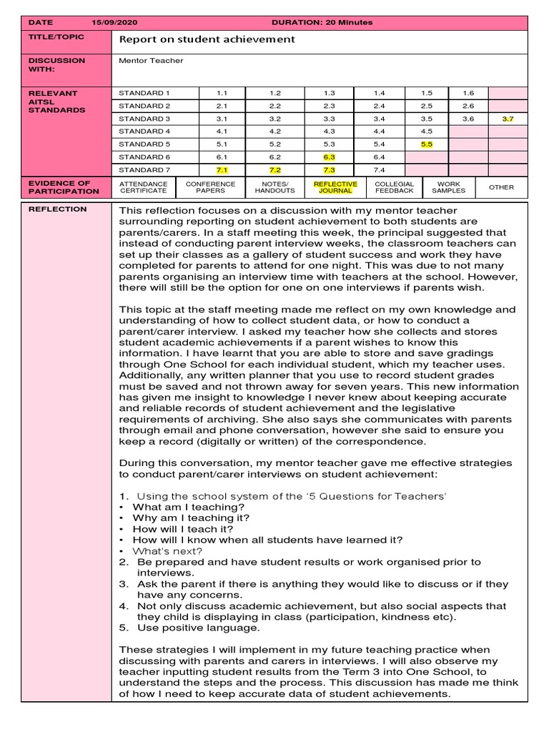Parent Reflection on Student Achievement | PDF | Mentorship | Teachers
