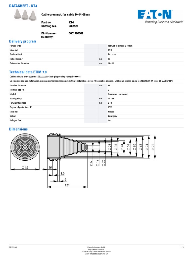 Cable Grommet, For Cable D 14-68mm Part No. KT4 Catalog No. 036269 EL ...
