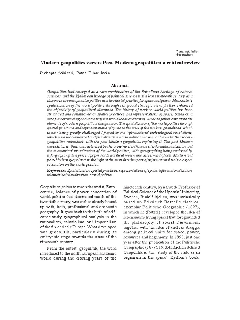 Modern Geopolitics Versus Post Modern Geopolitics A Critical Review ...
