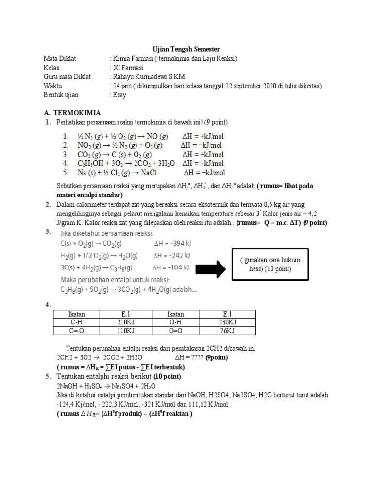 Ujian Tengah Semester Termokimia Dan Laju Reaksi | PDF
