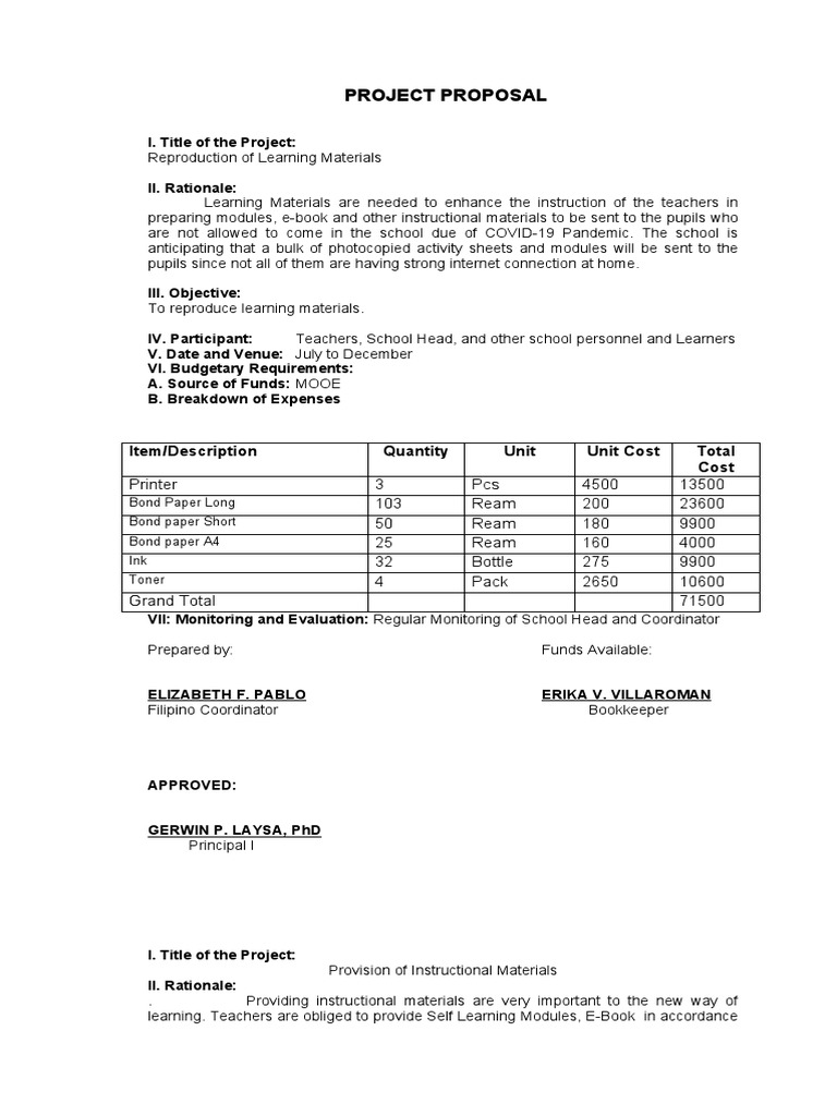Project Proposal: Item/Description Quantity Unit Unit Cost Total Cost ...
