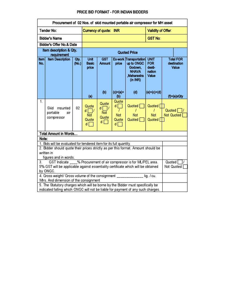 PRICE BID FORMAT FOR INDIAN BIDDERS | PDF | Prices | Economies