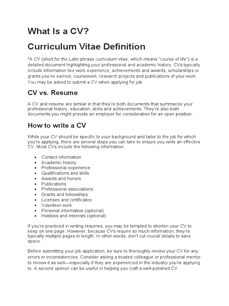What Is A CV? Curriculum Vitae Definition | PDF | Career & Growth