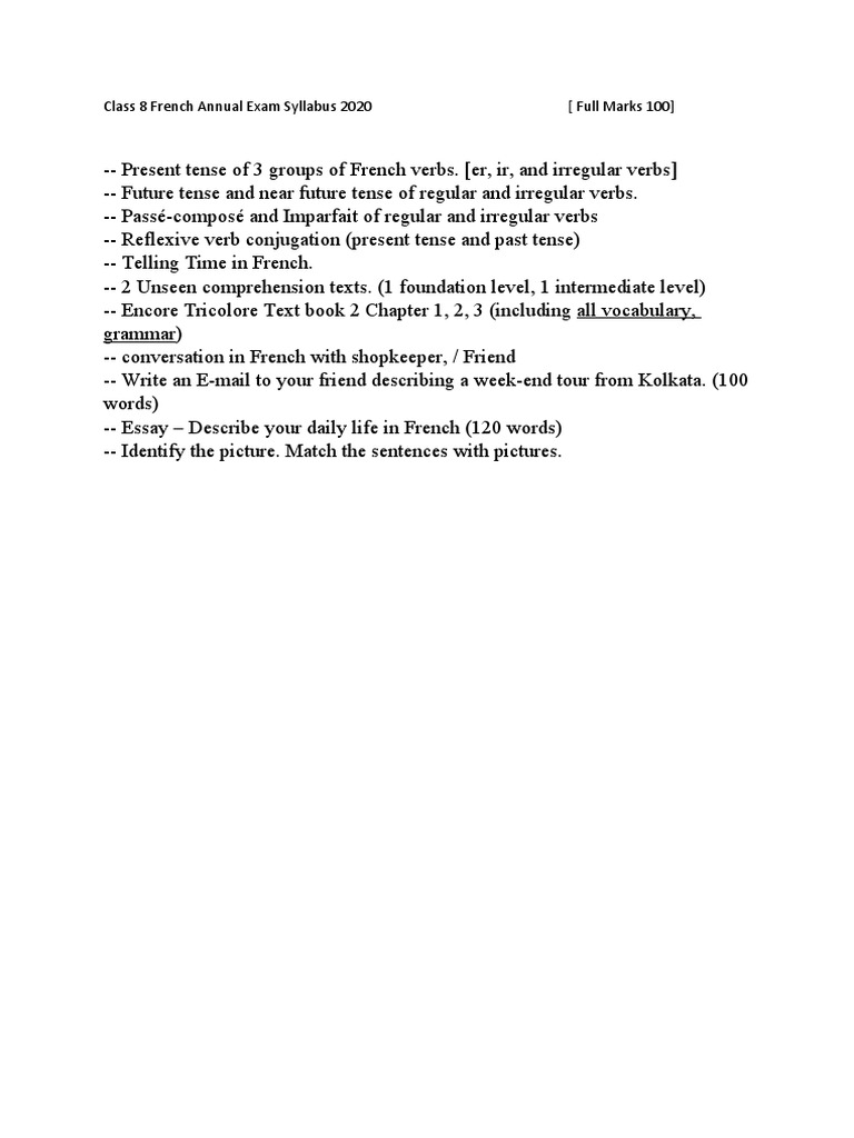 Class 8 French Syllabus | PDF