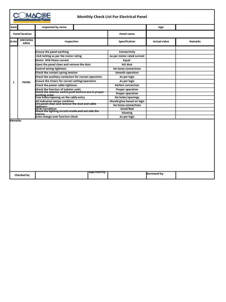 Monthly Check List For Electrical Panel | PDF