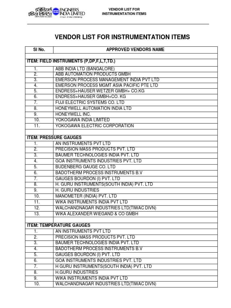 Vendor List For Instrumentation Items: SL No. Approved Vendors Name ...