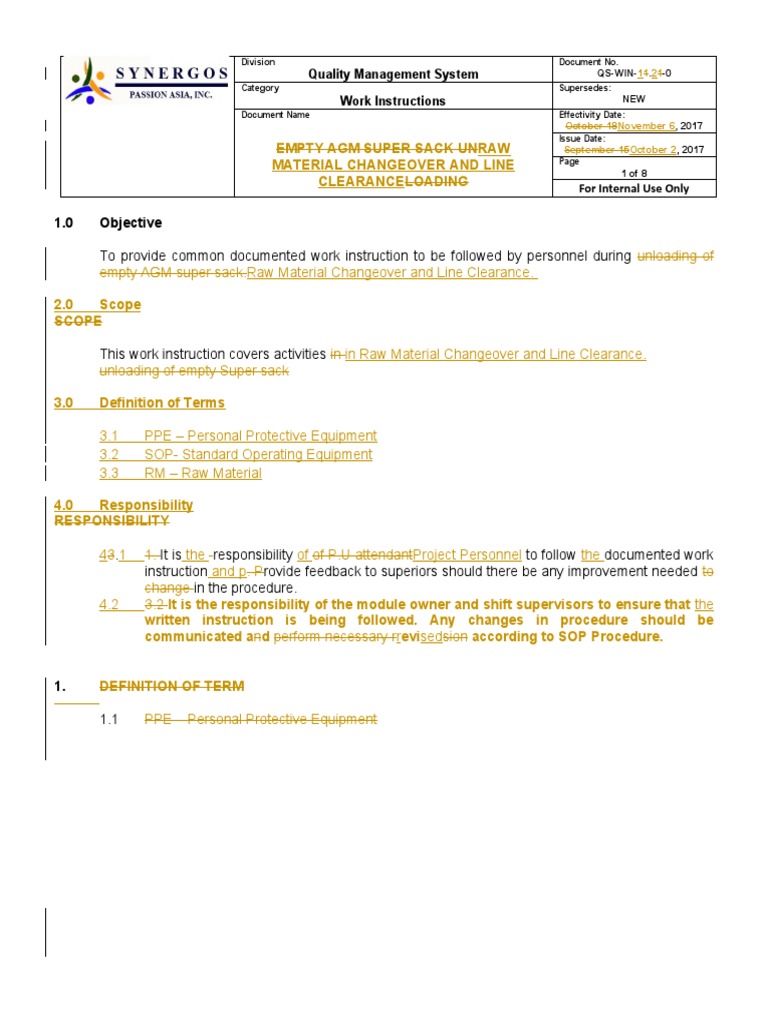 QS-WIN-1.2-0 Raw Material Changeover Line Clearance | PDF | Personal ...