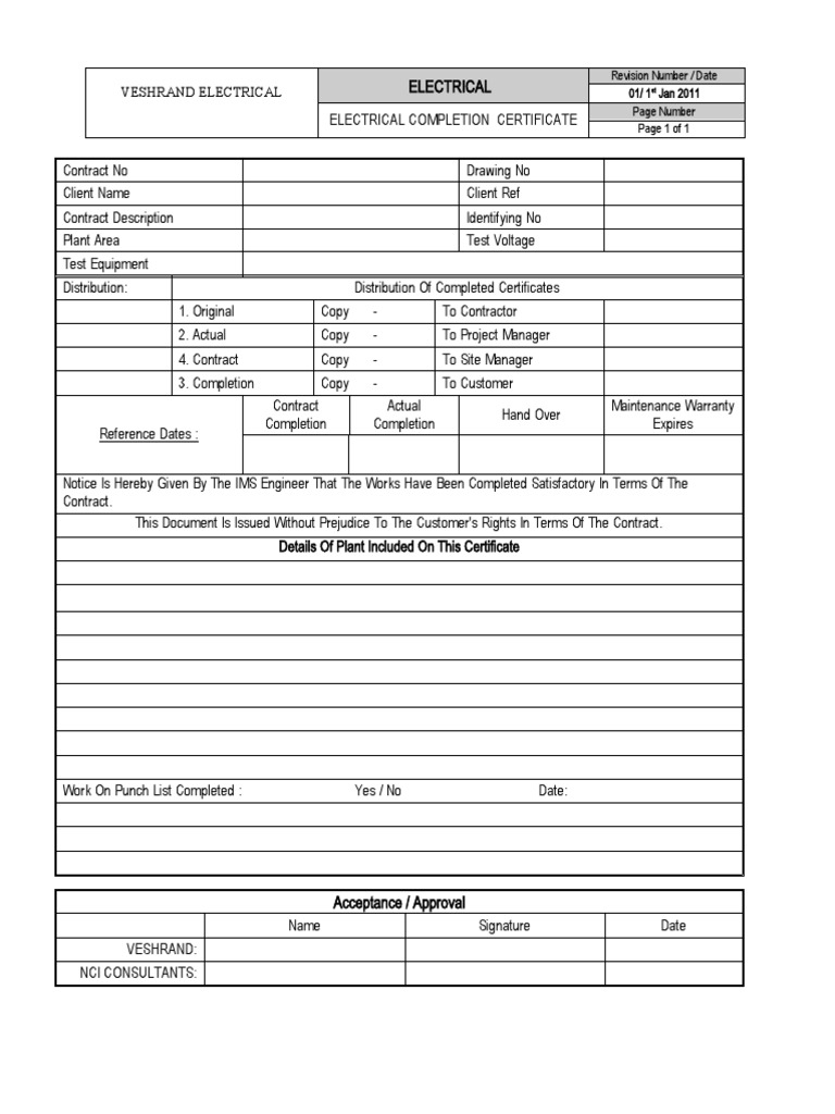 Electrical - Completion Certificate | PDF