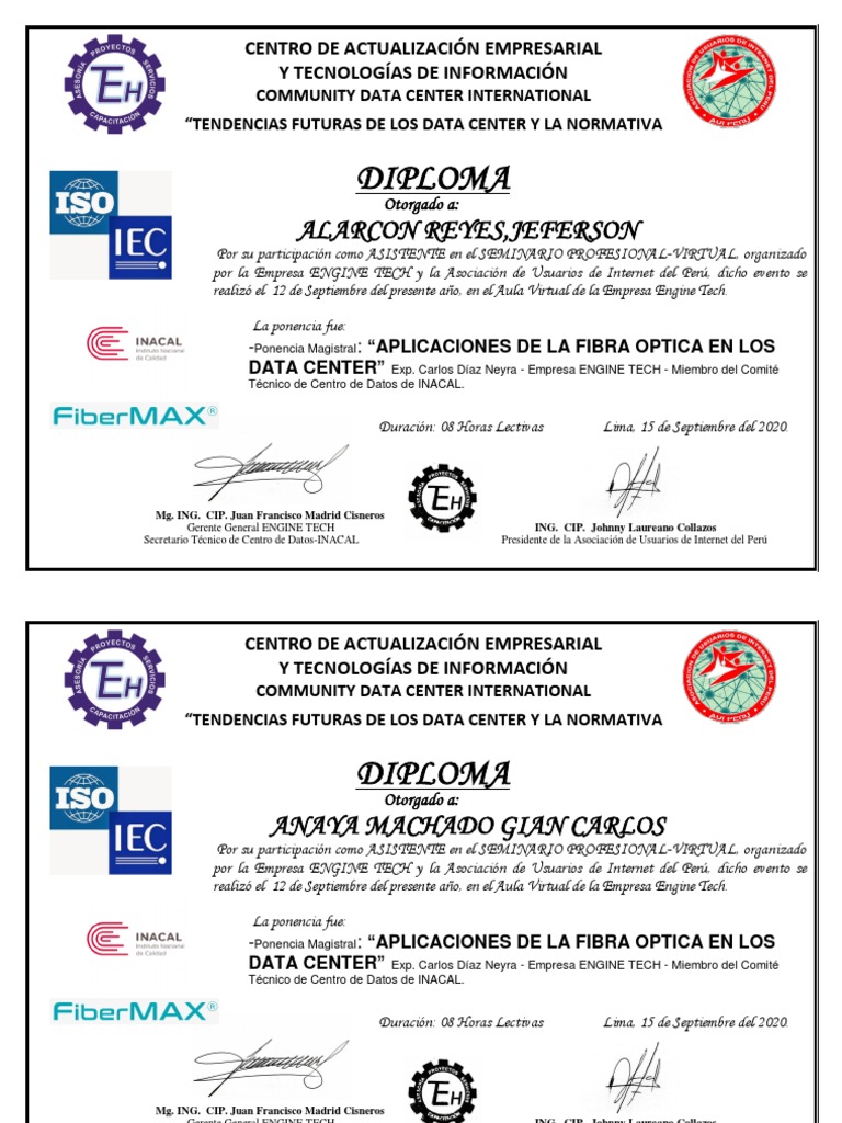 Diploma de Seminario Fibra Optica DC Telecomunicaciones PDF | PDF ...
