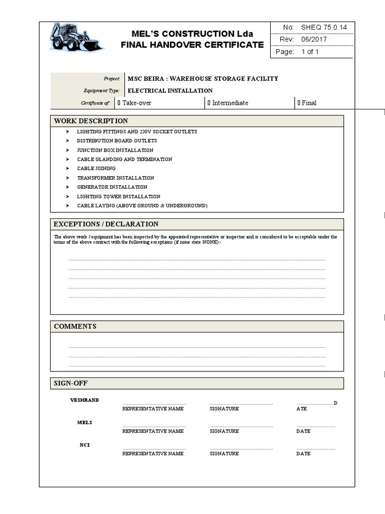 Final Handover Certificate for Electrical Work | PDF | Manufactured ...