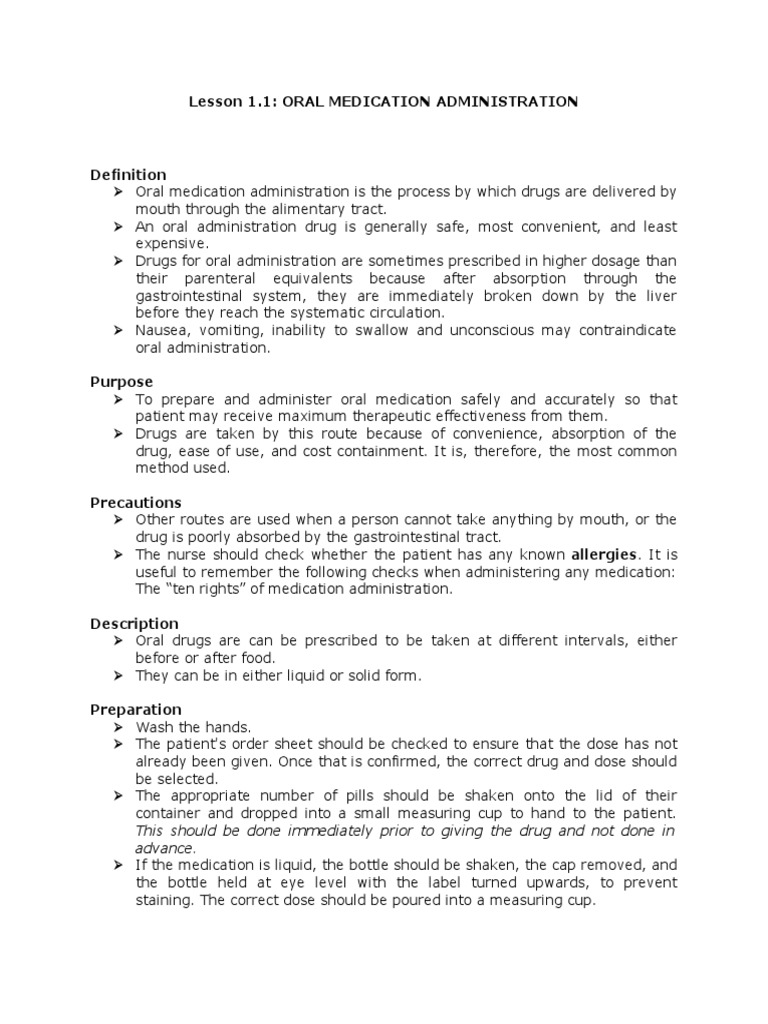 Lesson 1.1: Oral Medication Administration | PDF | Dose (Biochemistry ...