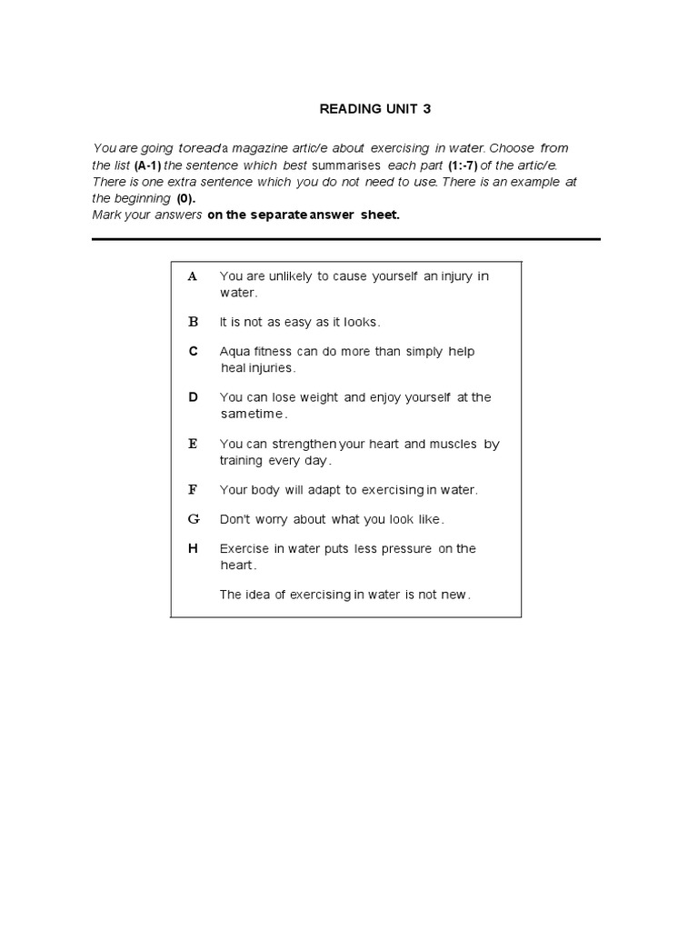 Reading Unit 3 | PDF | Physical Fitness | Water