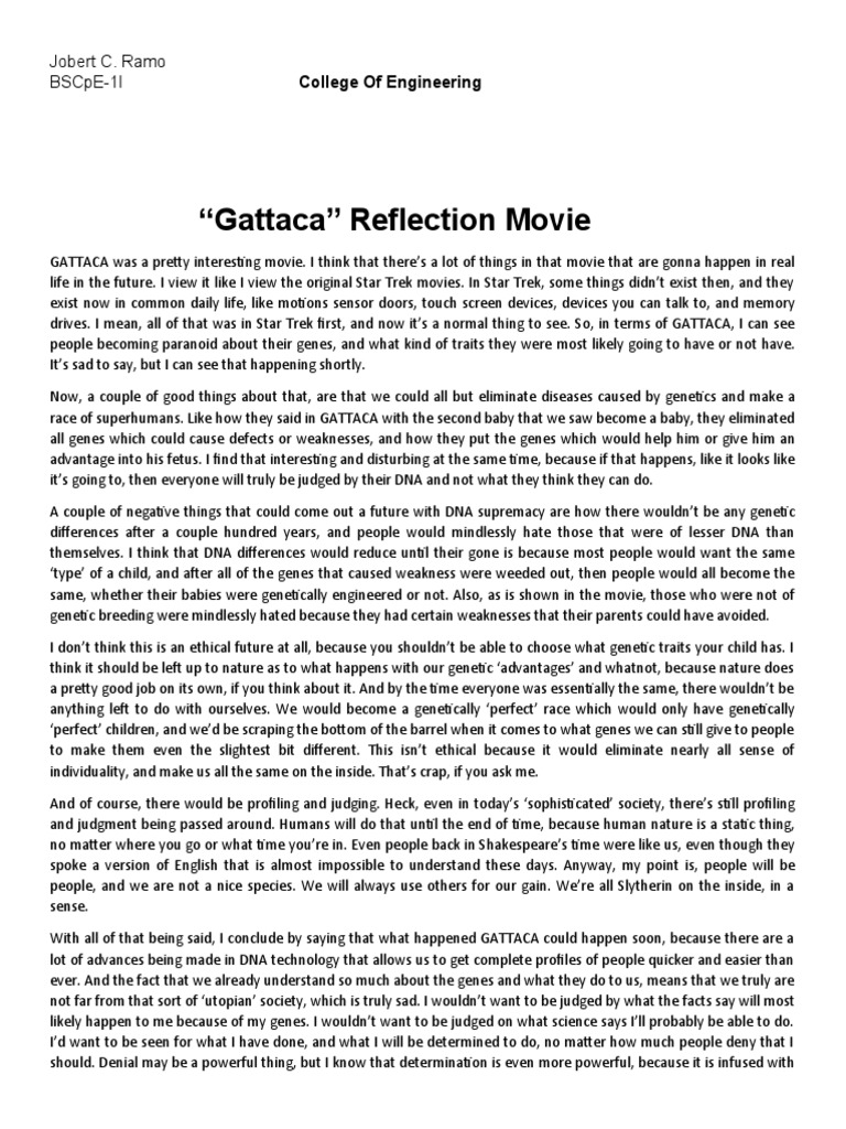 Gattaca Reflection: Ethics of Genetic Engineering | PDF | Genetics ...