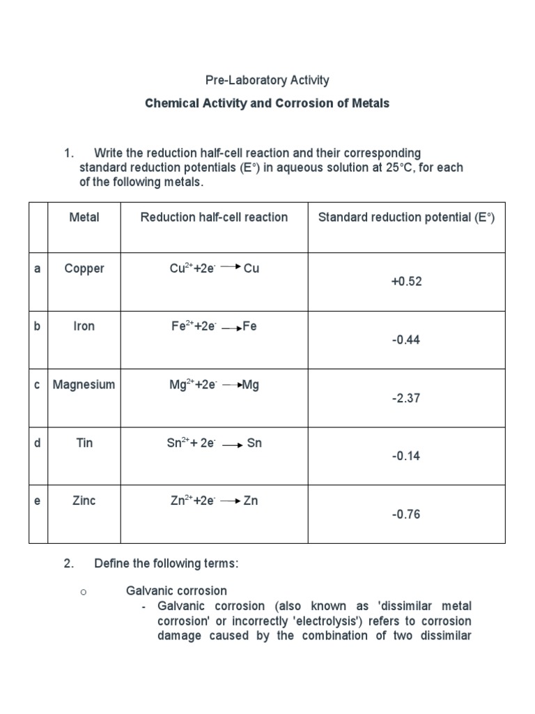Pre - Laboratory Experiment: Chemical Activity and Corrosion of Metals ...