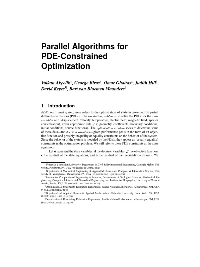 Parallel Algorithms For Pde Constrained Optimization Pdf Partial Differential Equation