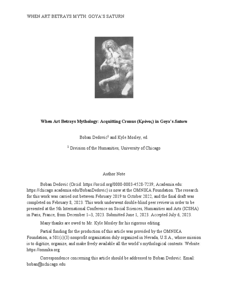 When Art Betrays Mythology: Acquitting Cronus (Κρόνος) in Goya's Saturn ...