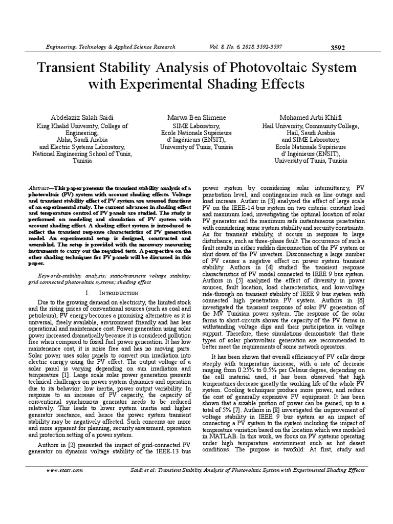 Transient Stability Analysis of Photovoltaic System | PDF ...