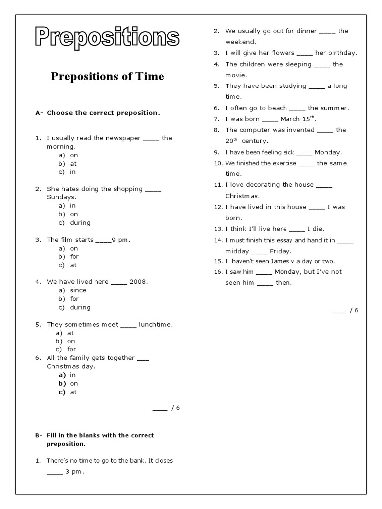 Prepositions of Time: A-Choose The Correct Preposition | PDF | Language ...