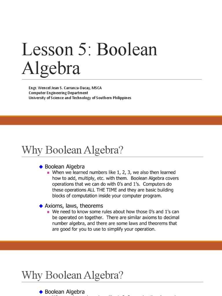 Lesson 5: Boolean Algebra | PDF