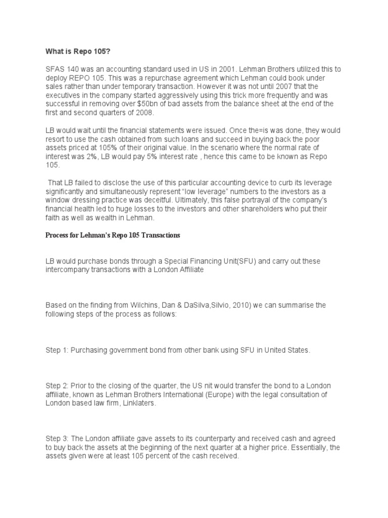What Is Repo 105?: Process For Lehman's Repo 105 Transactions | PDF ...