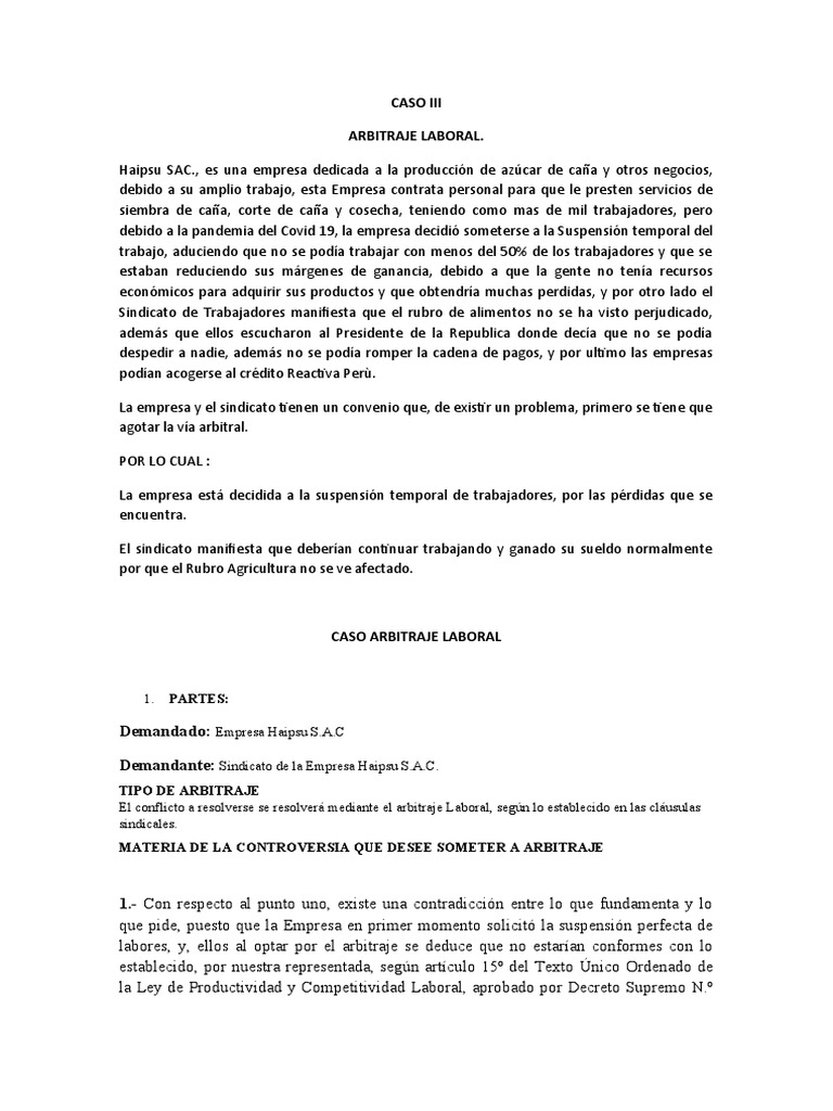 Arbitraje Caso Laboral | PDF | Arbitraje | Derecho laboral