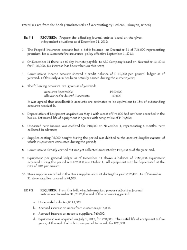 Exercises For Adjusting Entries | PDF | Debits And Credits | Financial Services
