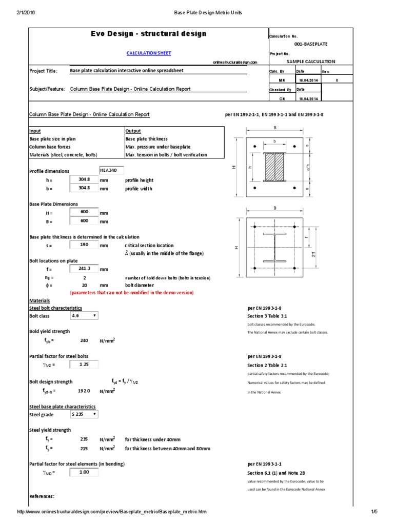 Base Plate Design for Column Support Calculations Using Metric Units ...