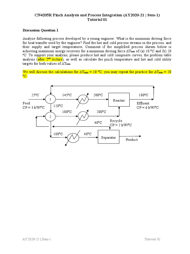 CN4205R Pinch Analysis and Process Integration (AY2020-21 - Sem-1) Tutorial 01 | PDF ...